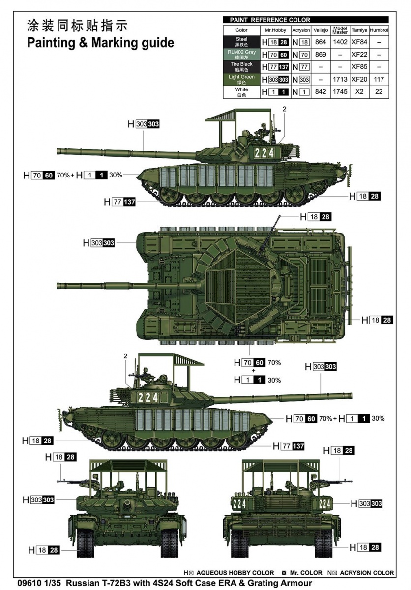 Russian T-72B3 with 4S24 Soft Case ERA & Grating Armour 1/35 - Trumpeter | Car-model-kit.com